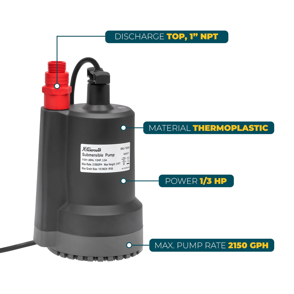XtremepowerUS 1/3HP Submersible Utility Pump Sub Pump 2150GPH 31ft Lif